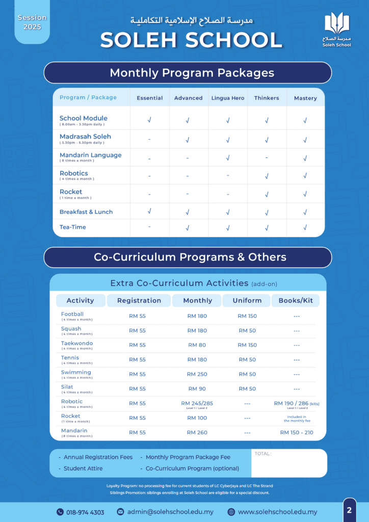 Fee Structure – Soleh School Cyberjaya – Primary School
